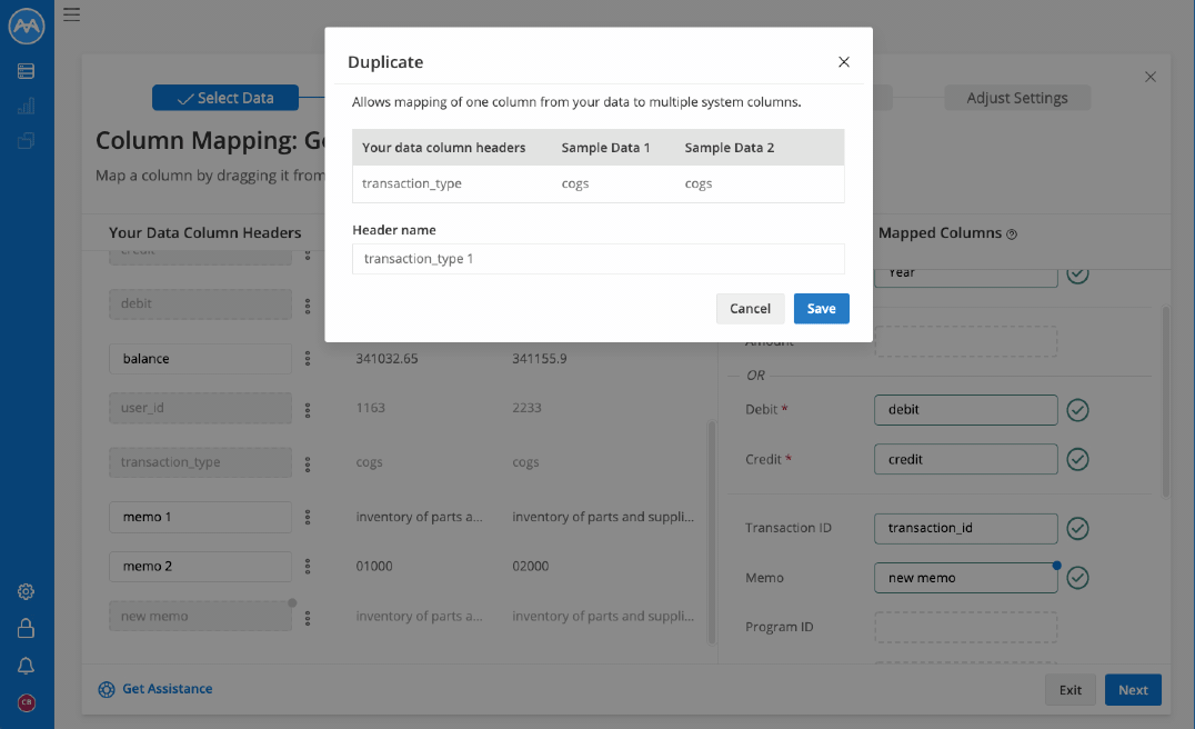 Duplicate Columns MindBridge English US 