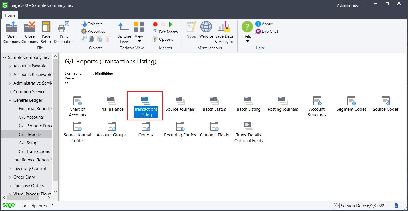 Sage 300 ERP: Export the general ledger – MindBridge: English (US)